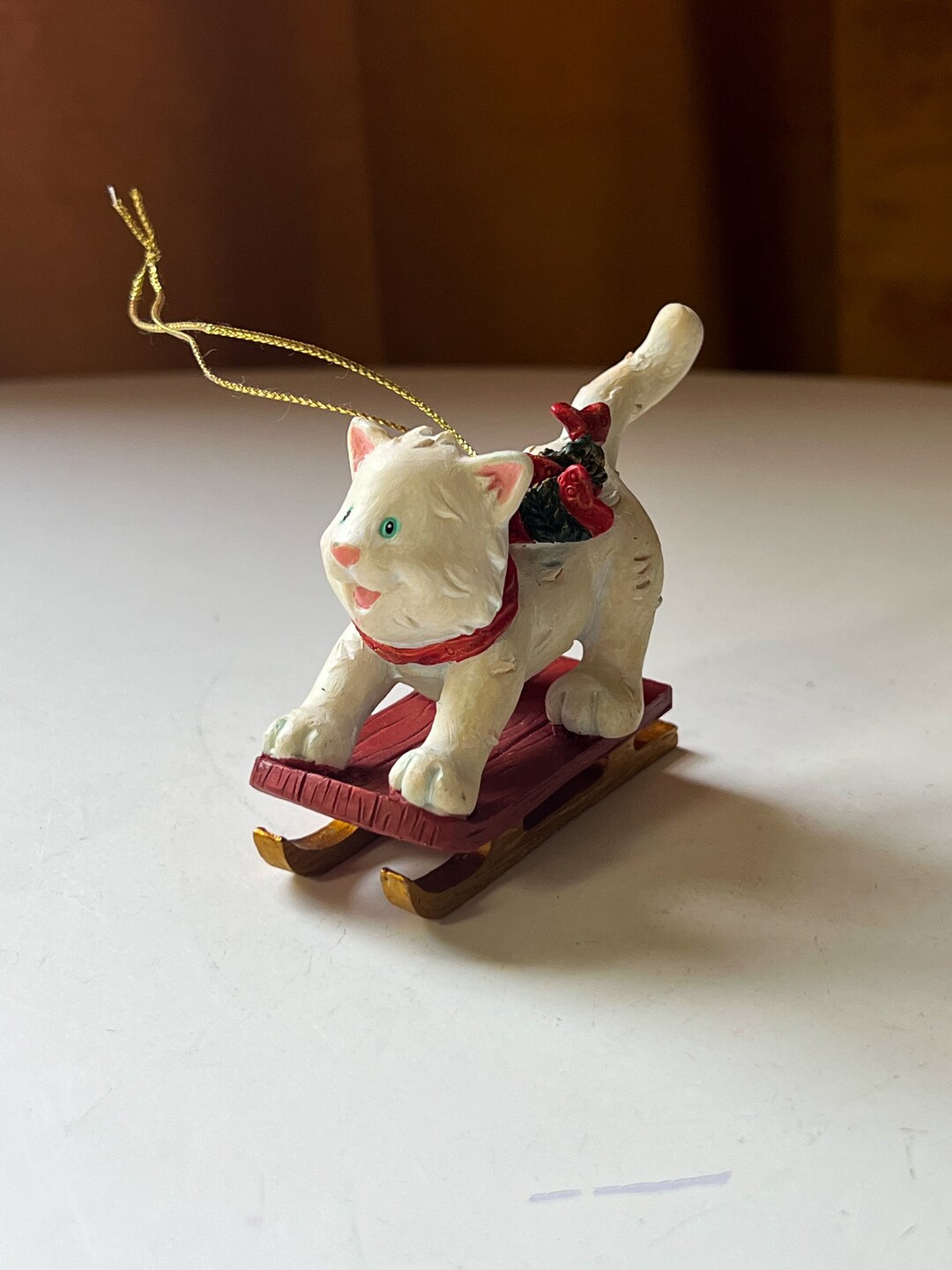 Vintage RUSS Wags to Whiskers White Cat on Sled Christmas Ornament - Etsy