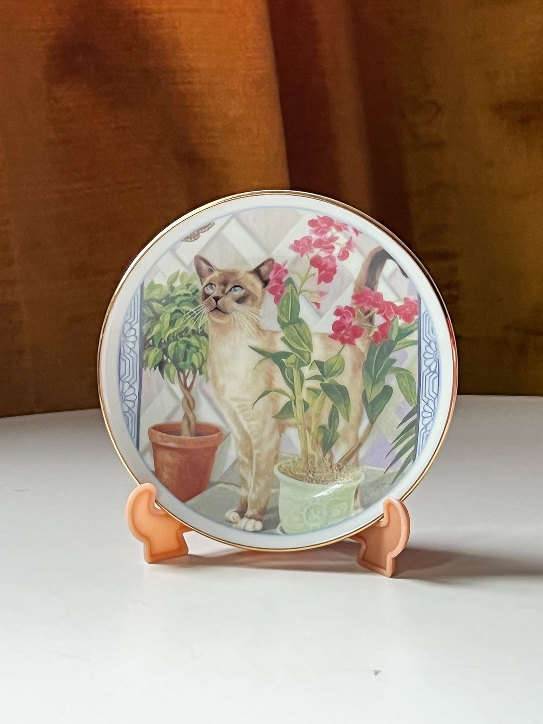 Vintage Russ Berrie & Co Siamese Cat 4" Gold Rimmed Mini Plate W/ Easel ...