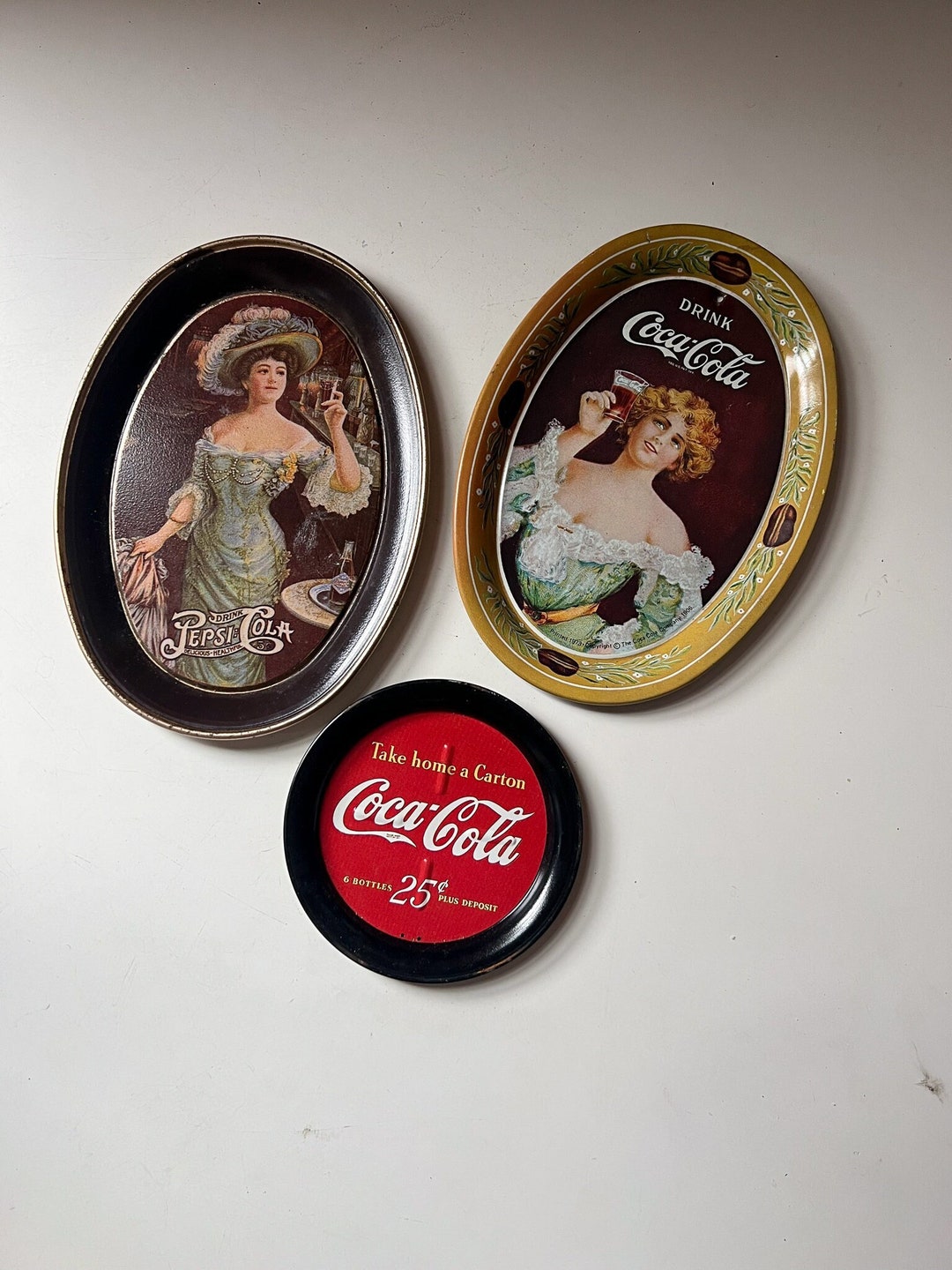 Vintage Set of 3 Coca Cola / Pepsi Tin Trays & Coaster - Etsy