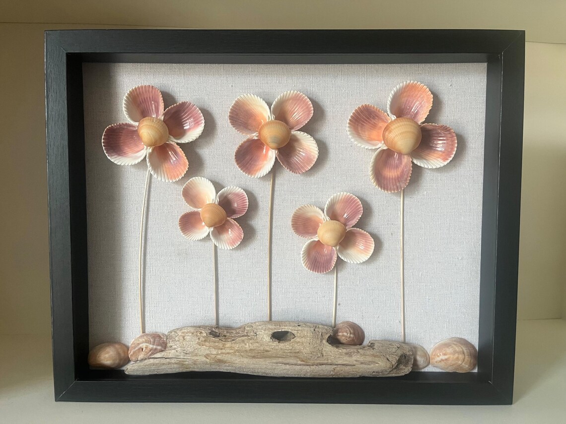Shadowbox Shell Art, 12x12 Prickly Cockle Shell Flower Art, Beach Decor ...