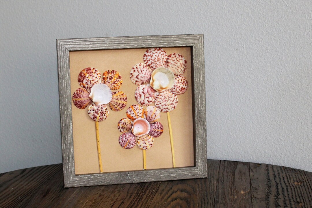 Shadowbox Shell Art, Calico Scallop Shell Floral Decor, Calico Scallop ...