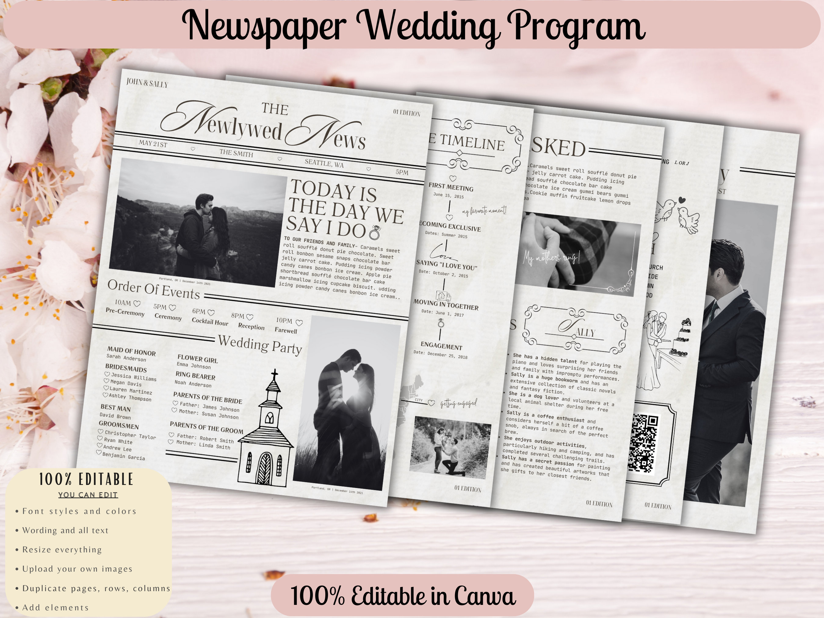 Folded Newspaper Wedding Program, Canva Template, Printable Wedding ...