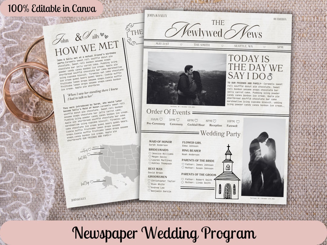 Folded Newspaper Wedding Program, Canva Template, Printable Wedding ...
