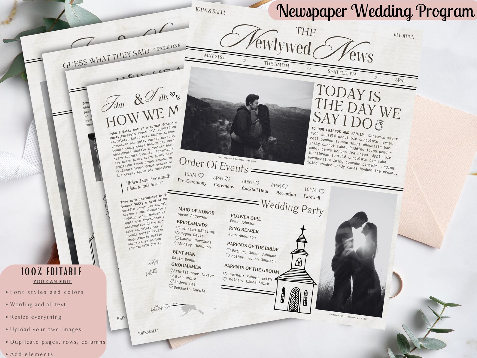 Folded Newspaper Wedding Program, Canva Template, Printable Wedding ...