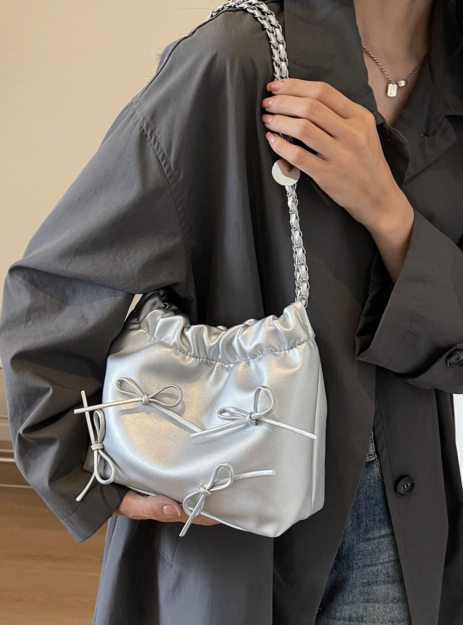 Trendy Silver Bow Bag, Metallic Bag, Silver Shoulder Bag, Cute Silver ...