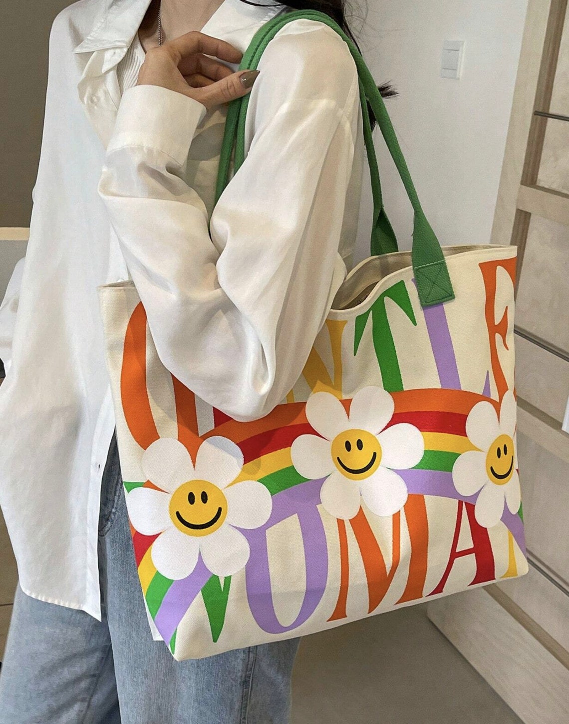 Daisy Graphic Printed Tote Bag, Colorful Flower Canvas Bag, Tote Bag ...