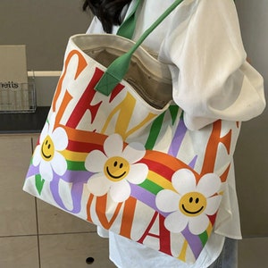 Daisy Graphic Printed Tote Bag, Colorful Flower Canvas Bag, Tote Bag ...