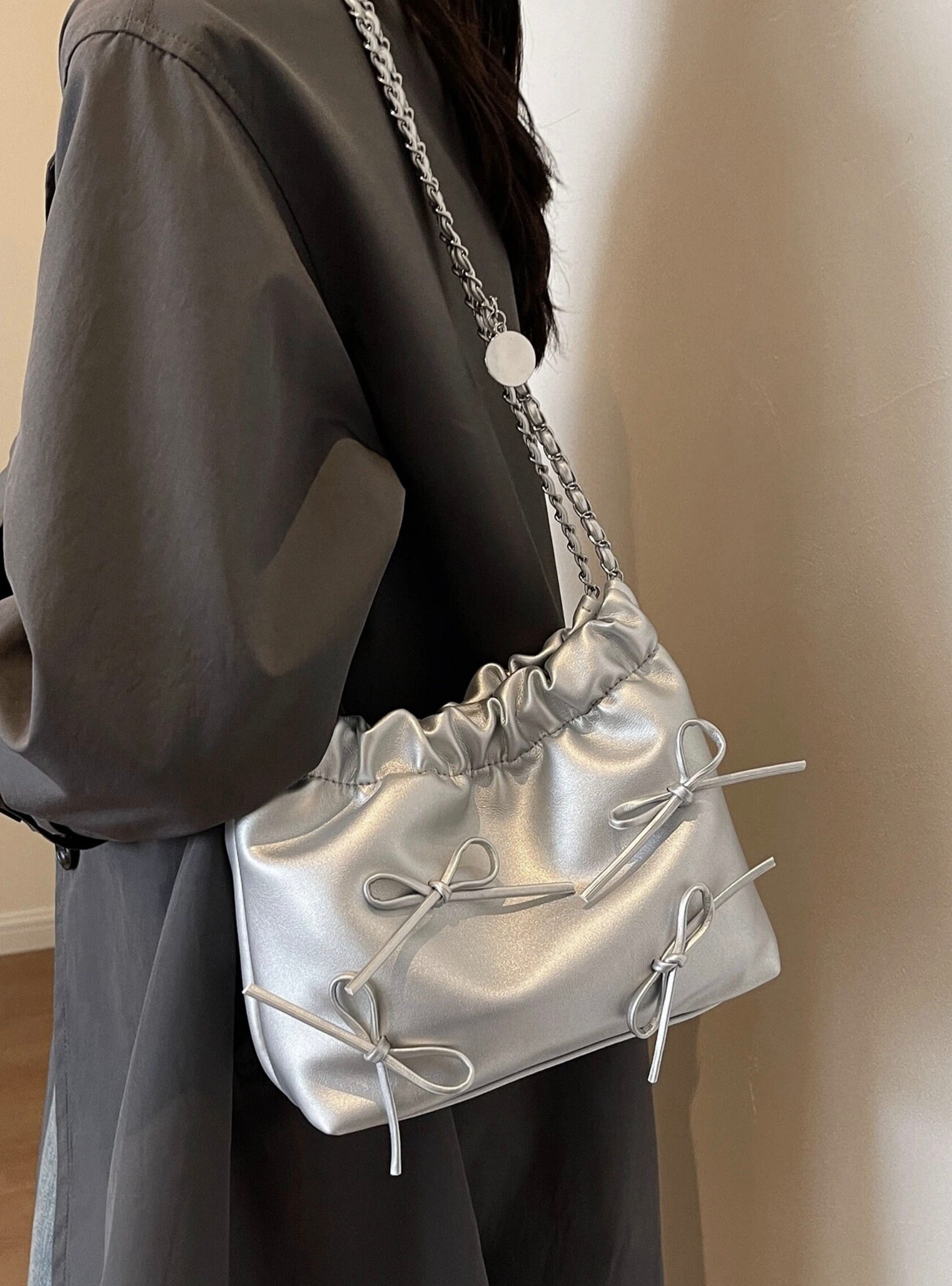 Trendy Silver Bow Bag, Metallic Bag, Silver Shoulder Bag, Cute Silver ...