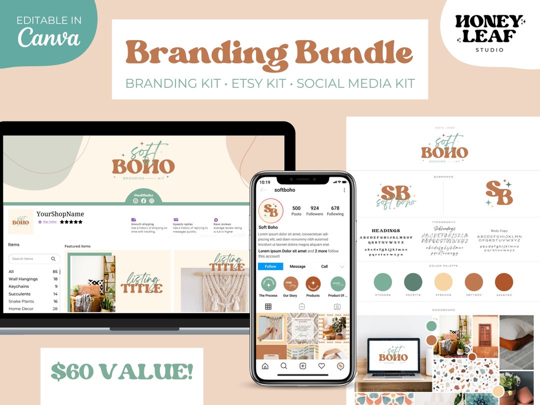Soft Boho Branding Bundle, Boho Branding, Boho Logo, Instagram Posts ...
