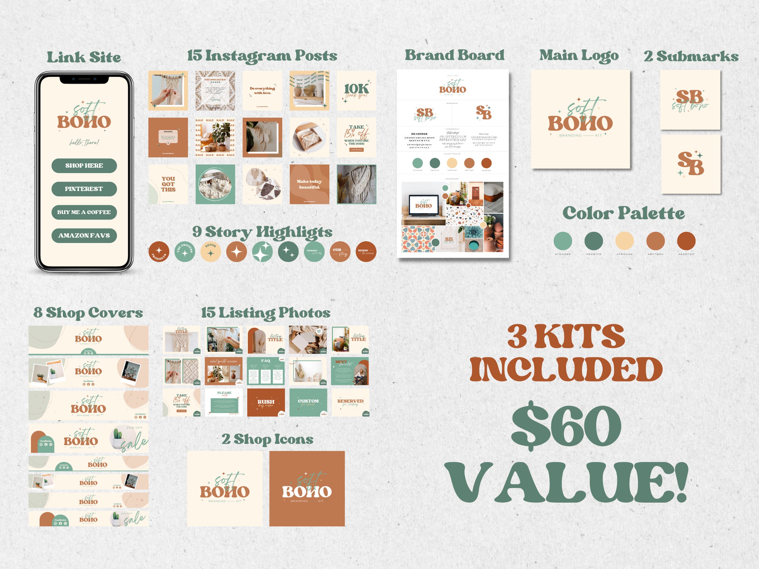 Soft Boho Branding Bundle, Boho Branding, Boho Logo, Instagram Posts ...