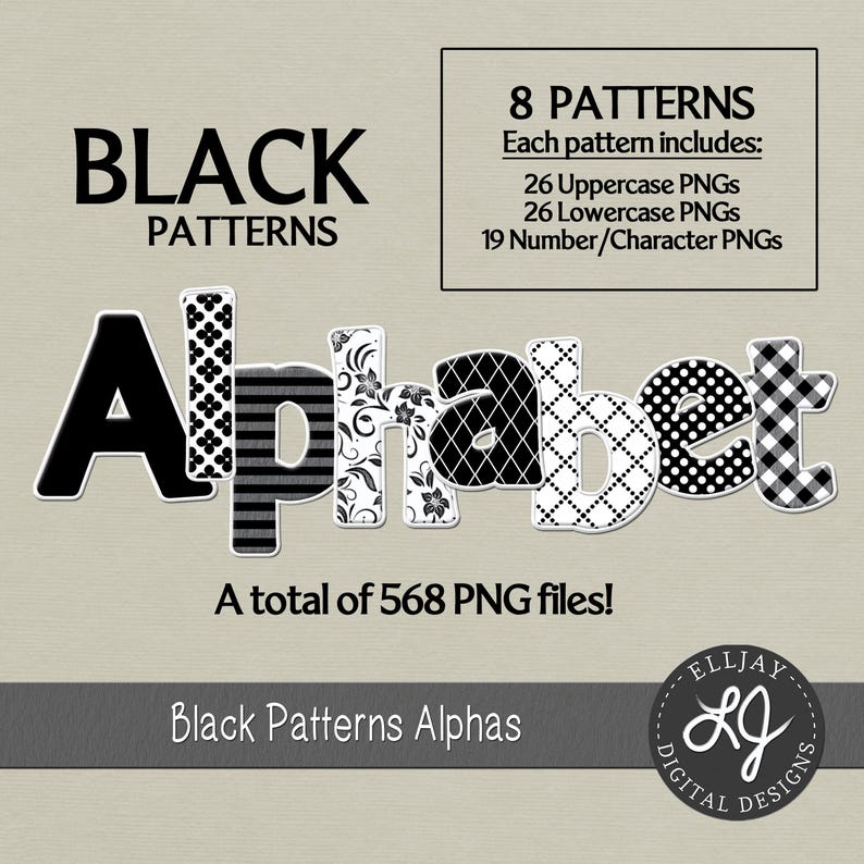 Black Patterns Digital Alphabets. Individual Files PNG Alpha ...
