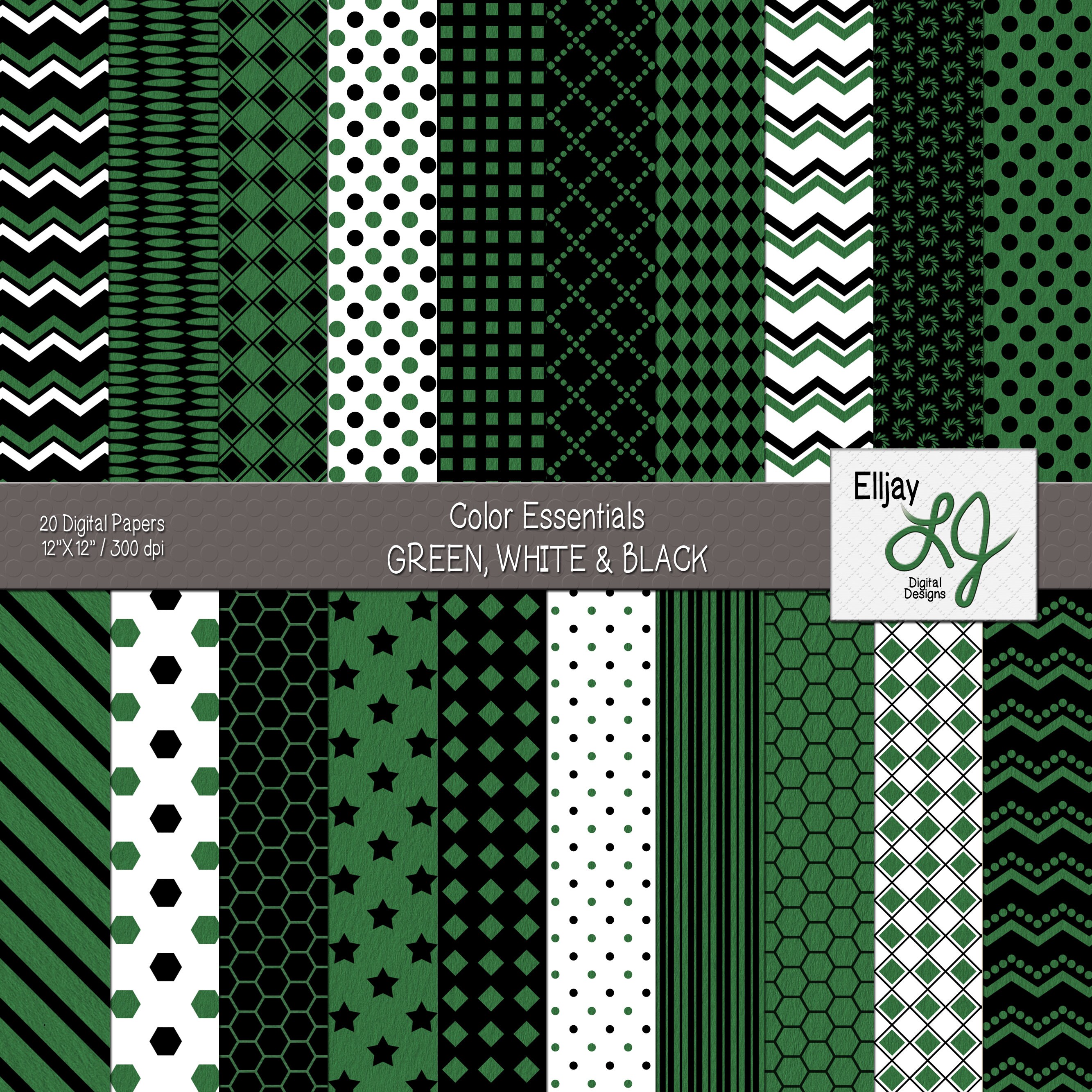 Black White and Green Digital Paper Pack. Patterns - Etsy