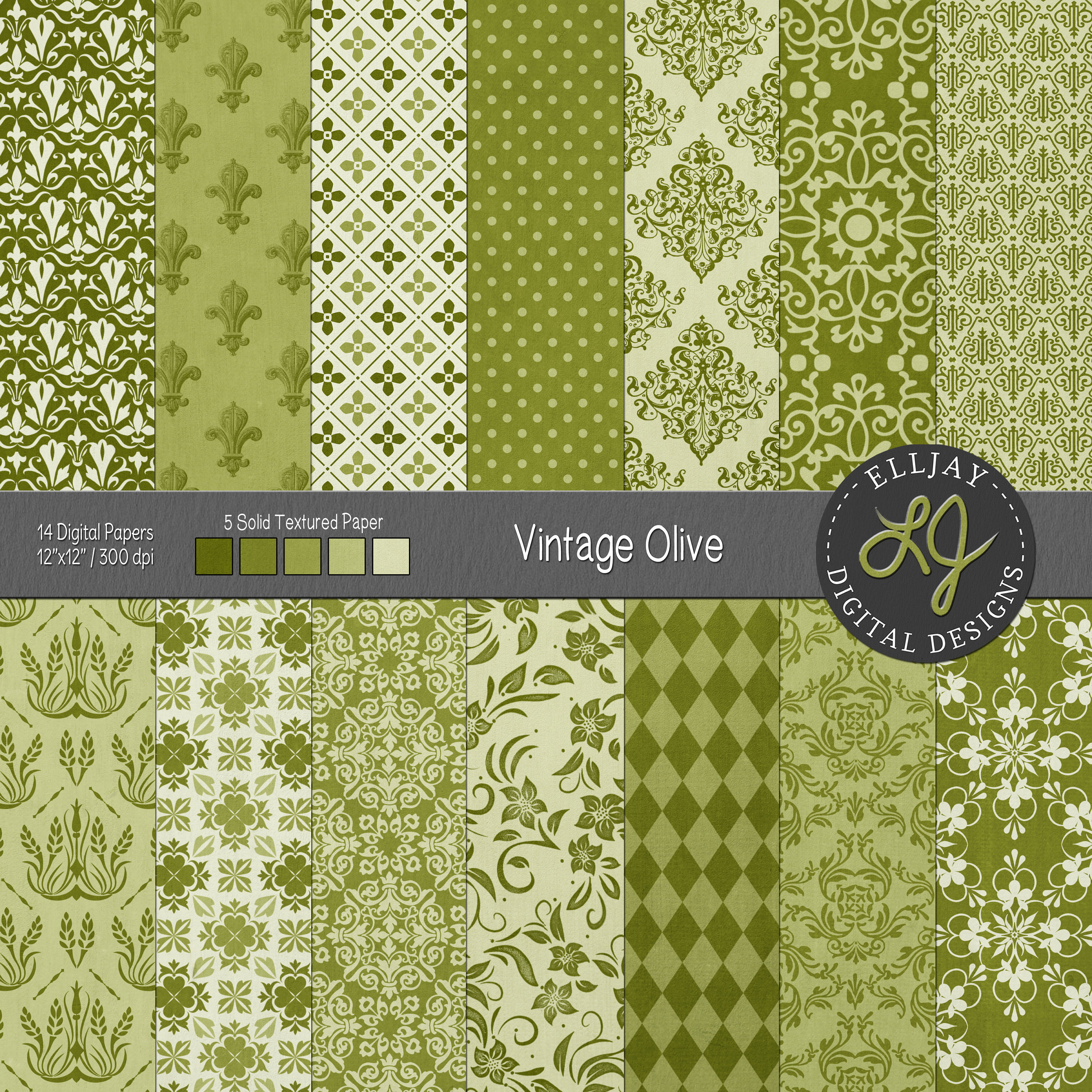Olive Green Damask Digital Paper: Vintage Floral Patterns (digital ...