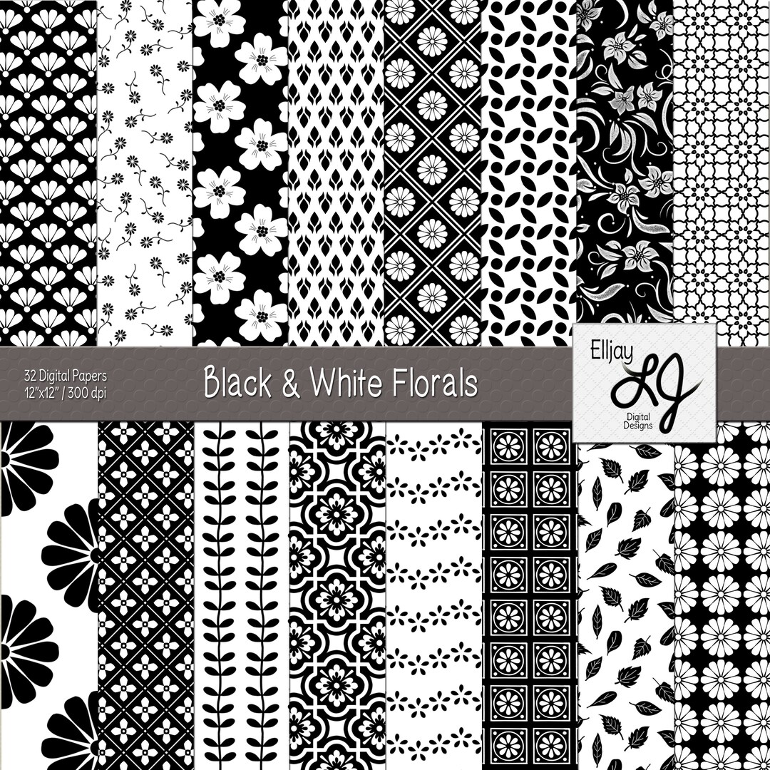 Black & White Floral Digital Paper Pack. 32 Black and White - Etsy
