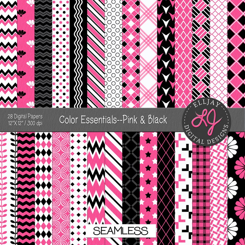 Hot Pink & Black Digital Paper Pack. Seamless Pink Backgrounds ...