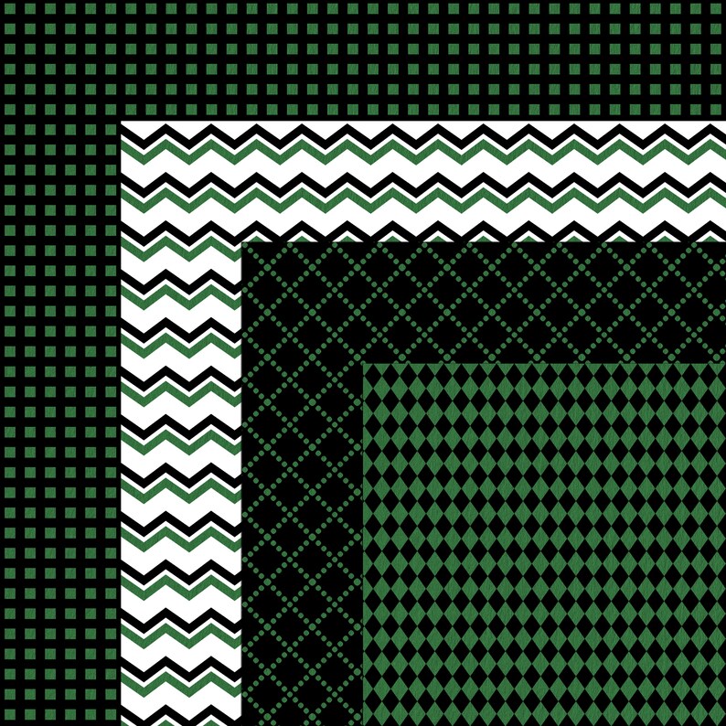 Black, White and Green Digital Paper Pack. Patterns, Backgrounds, for ...