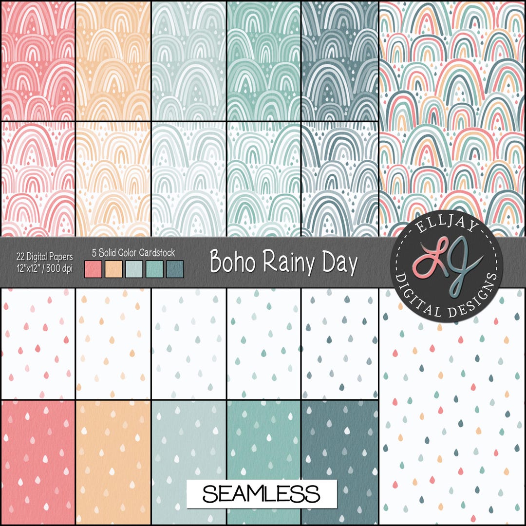 Boho Rainbows and Raindrops Seamless Digital Paper Pack. Hand-drawn ...