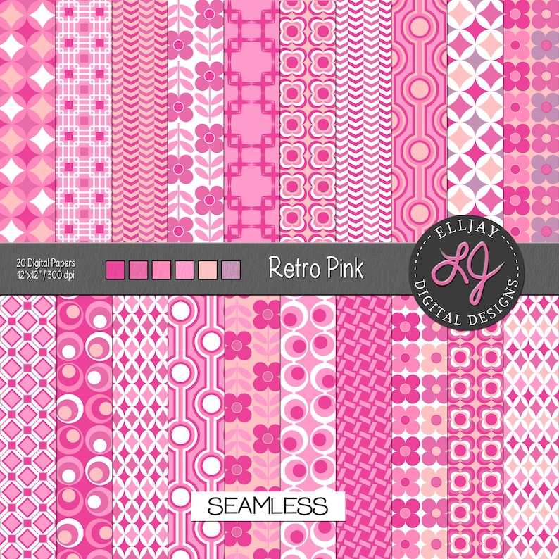 Pink Retro Digital Paper Pack. Retro Patterns in Shades of Pink. Pink ...