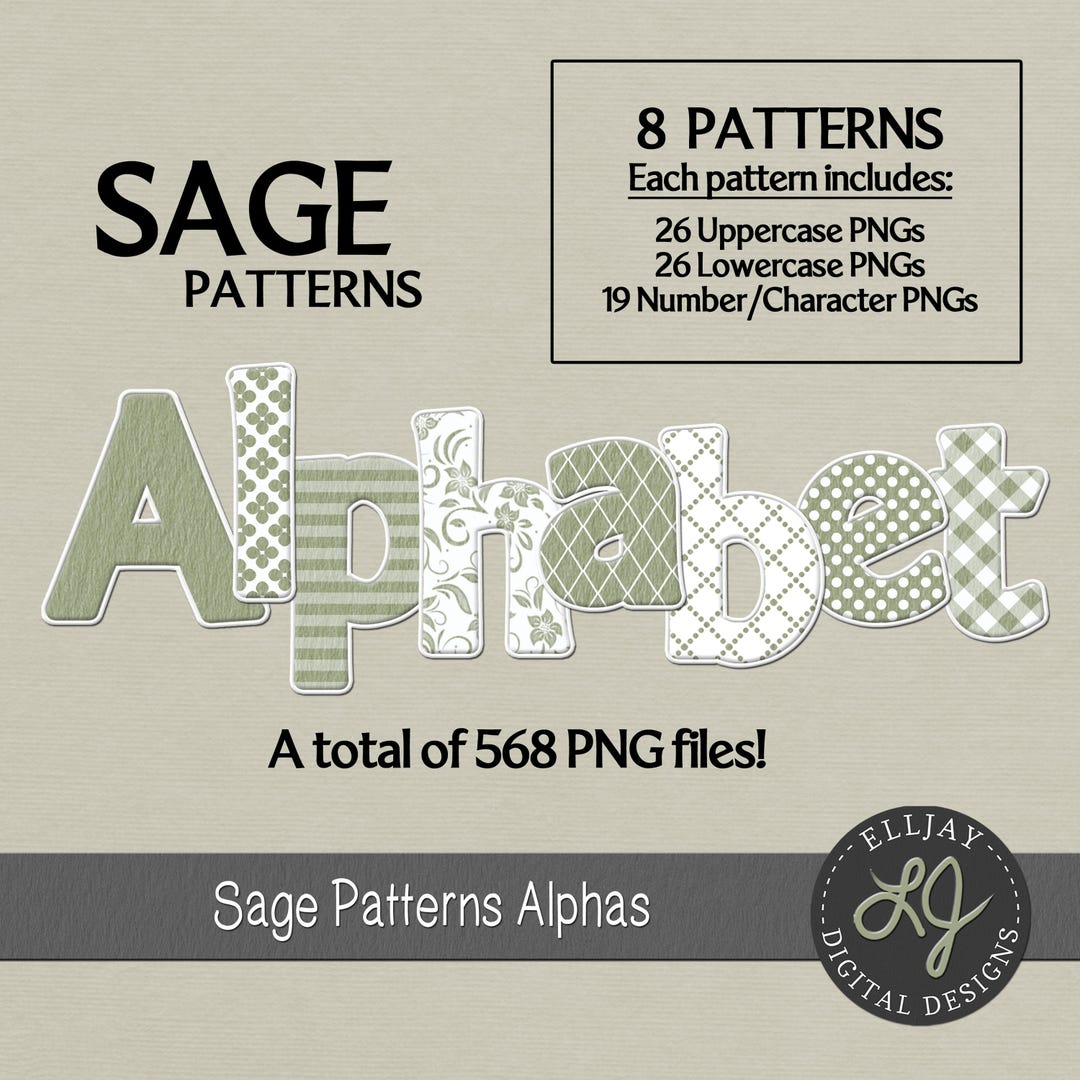 Sage Green Patterns Digital Alphabets. Individual Files PNG Alpha ...