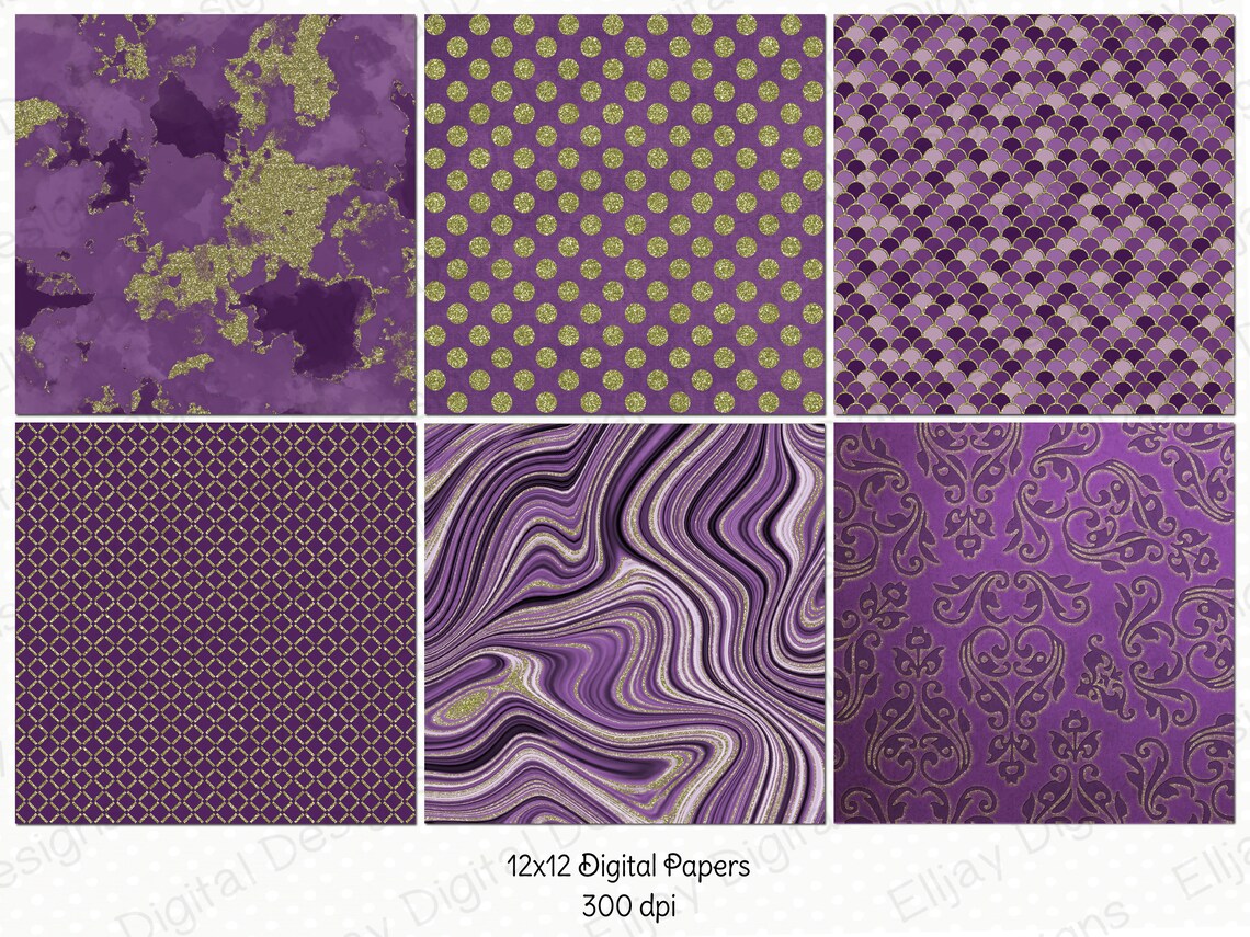 Purple and Gold Glitter Digital Papers: Damask, Marble, Scales (digital ...