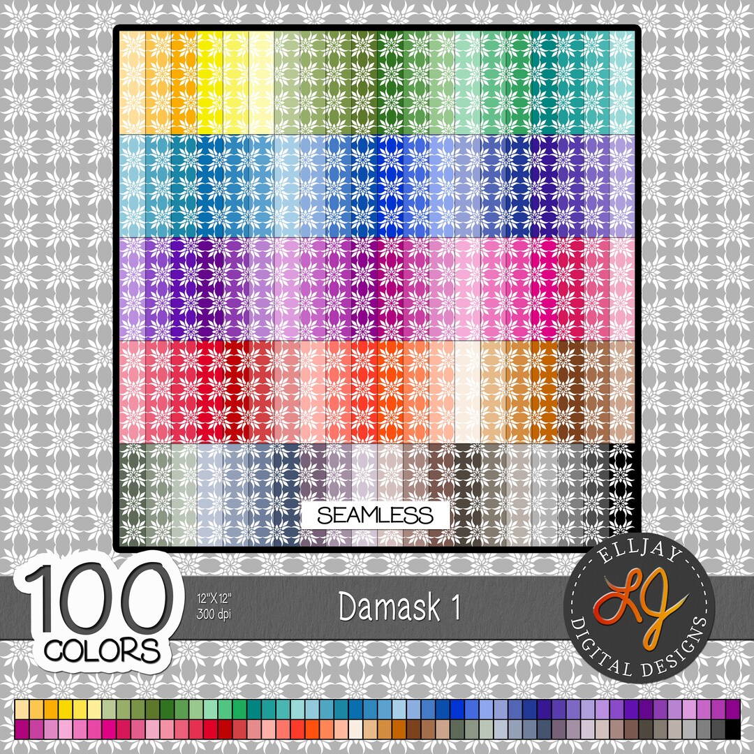 Rainbow Damask Digital Paper Pack: 100 Seamless Colors (digital ...