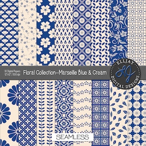 Marseille Blue Floral Digital Paper Pack: Seamless Wedding Patterns ...