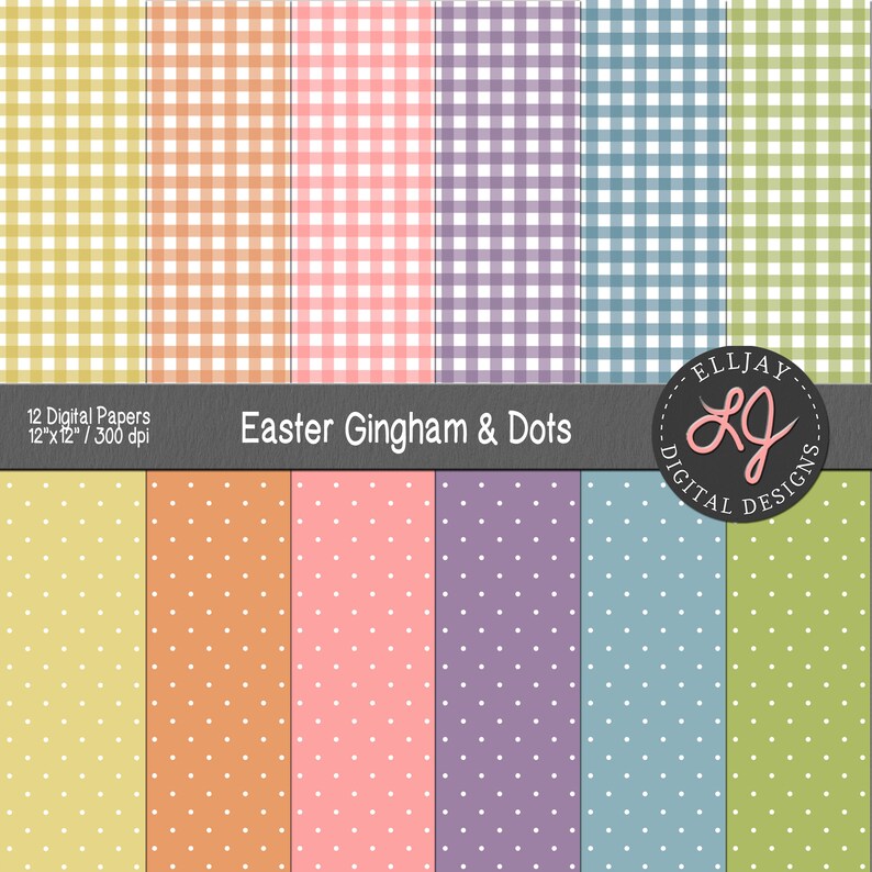 Gingham & Polka Dot Easter Digital Paper Pack. Yellow, Orange, Pink ...
