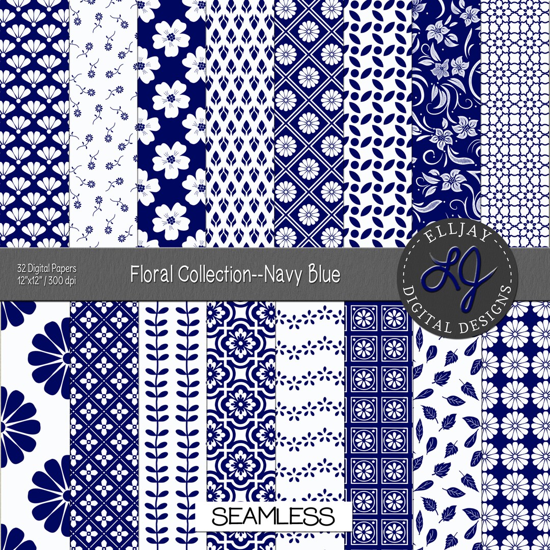 Navy Blue & White Floral Digital Paper Pack. 32 Blue Patterns. Floral ...