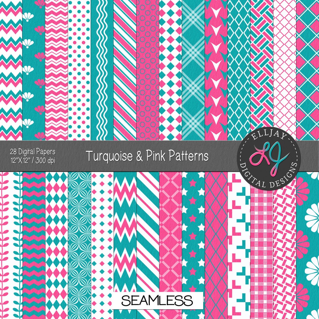 Turquoise & Pink Digital Paper Pack: Seamless Patterns (12x12", 300 Dpi ...