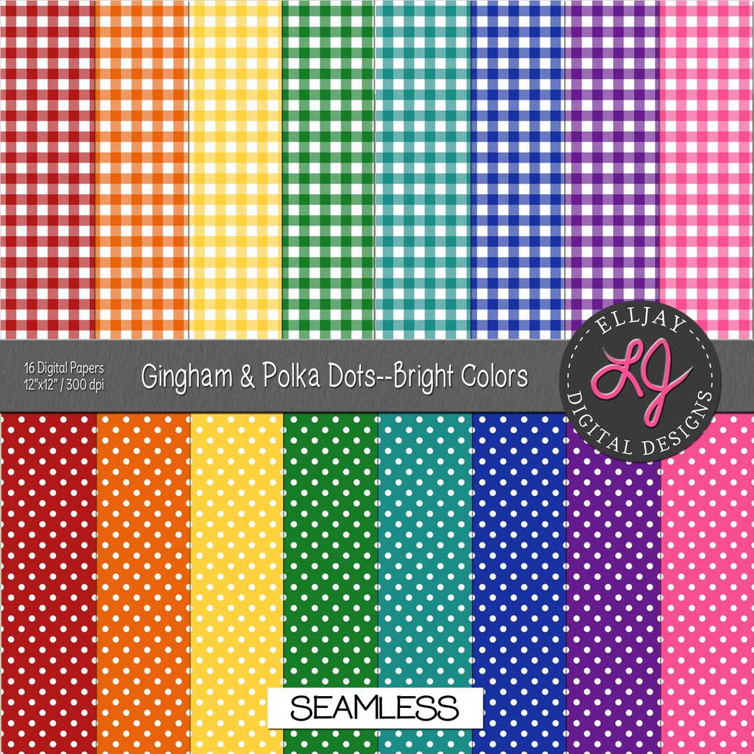 Bright Gingham and Polka Dot Digital Paper. Bright Backgrounds ...