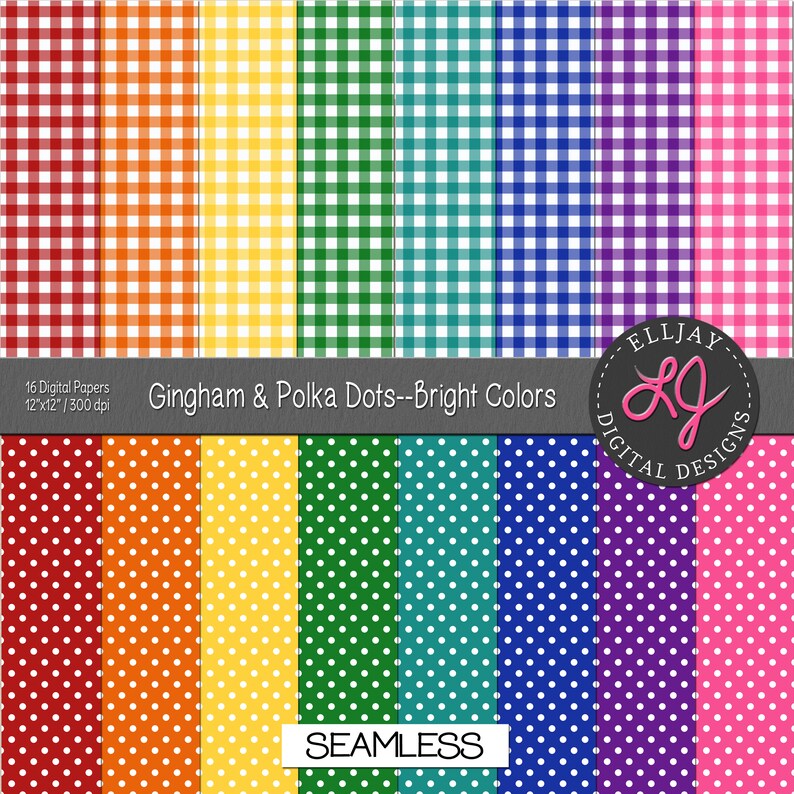Bright Gingham and Polka Dot Digital Paper. Bright Backgrounds ...