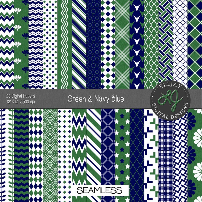 Green & Navy Blue Digital Paper Pack: Chevron, Stars, Stripes (digital ...