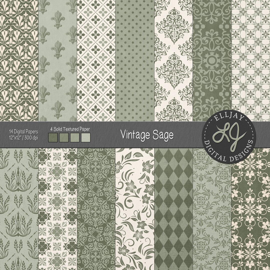 Sage Damask Digital Paper Pack. Light Grunge Textured Paper. Sage ...
