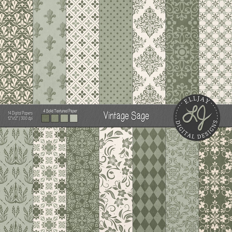 Sage Damask Digital Paper Pack. Light Grunge Textured Paper. Sage ...
