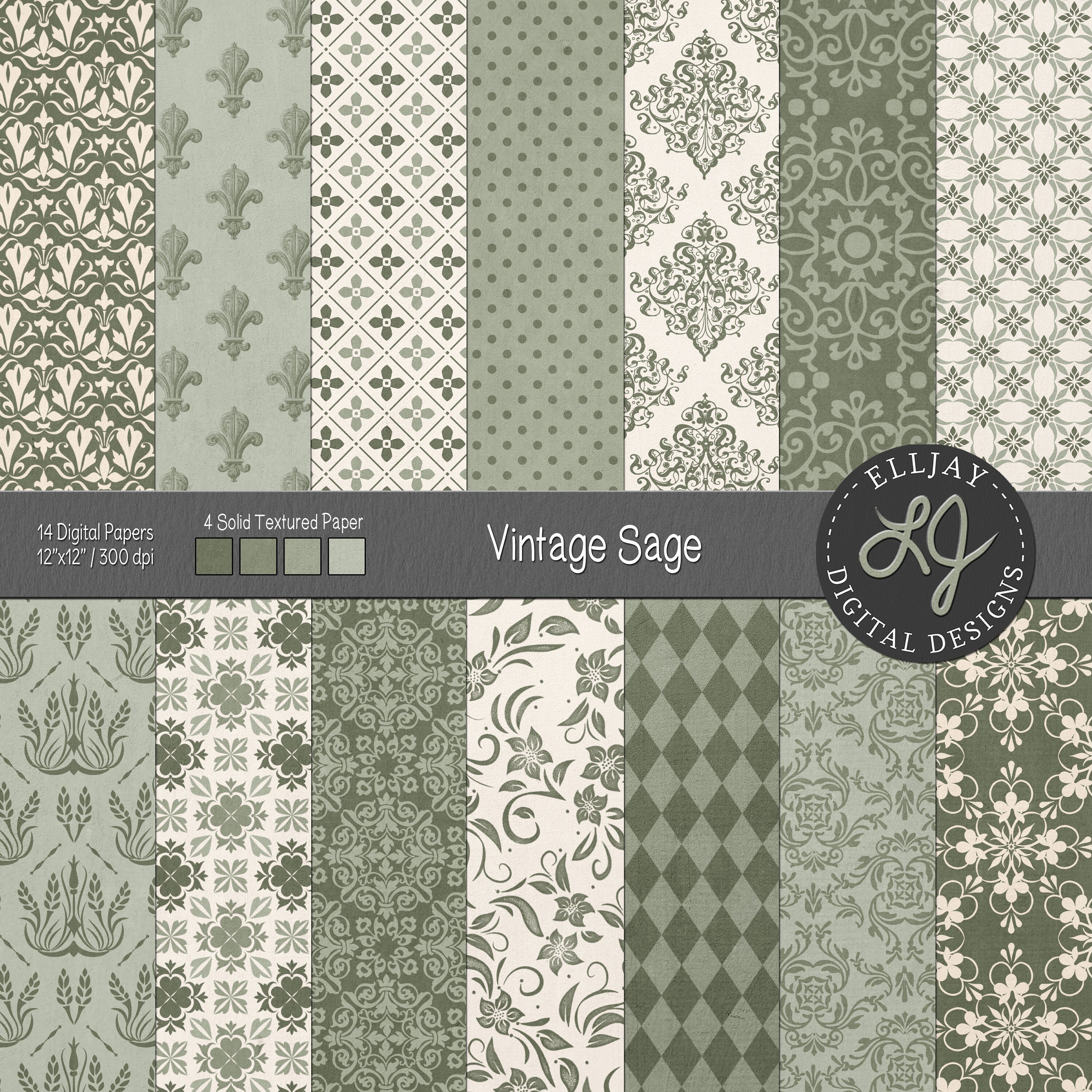 Sage Damask Digital Paper Pack. Light Grunge Textured Paper. Sage ...