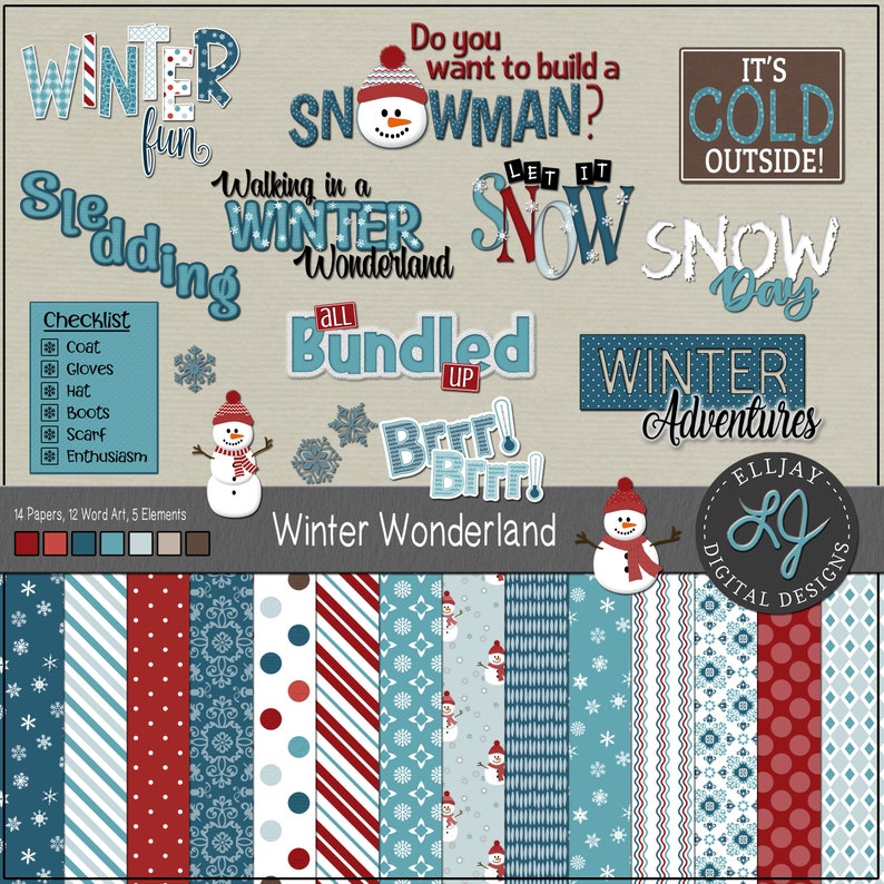 Winter Scrapbook Kit: Snow Digital Papers, Word Stickers, Snowmen ...