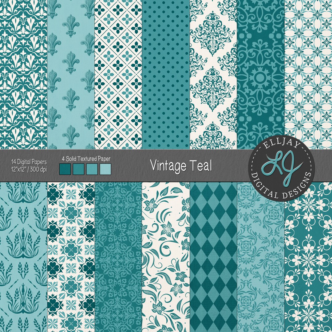 Vintage Teal Digital Paper Pack: Floral Damask Patterns (digital ...