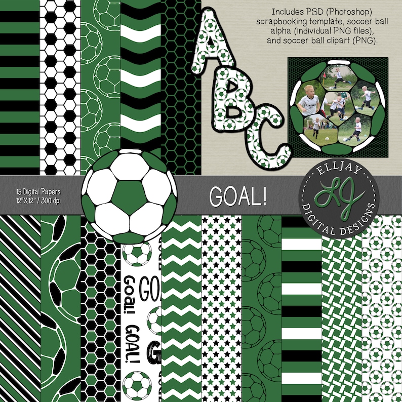 Green Soccer Digital Scrapbook Kit. Green Soccer Ball Alpha. Soccer ...