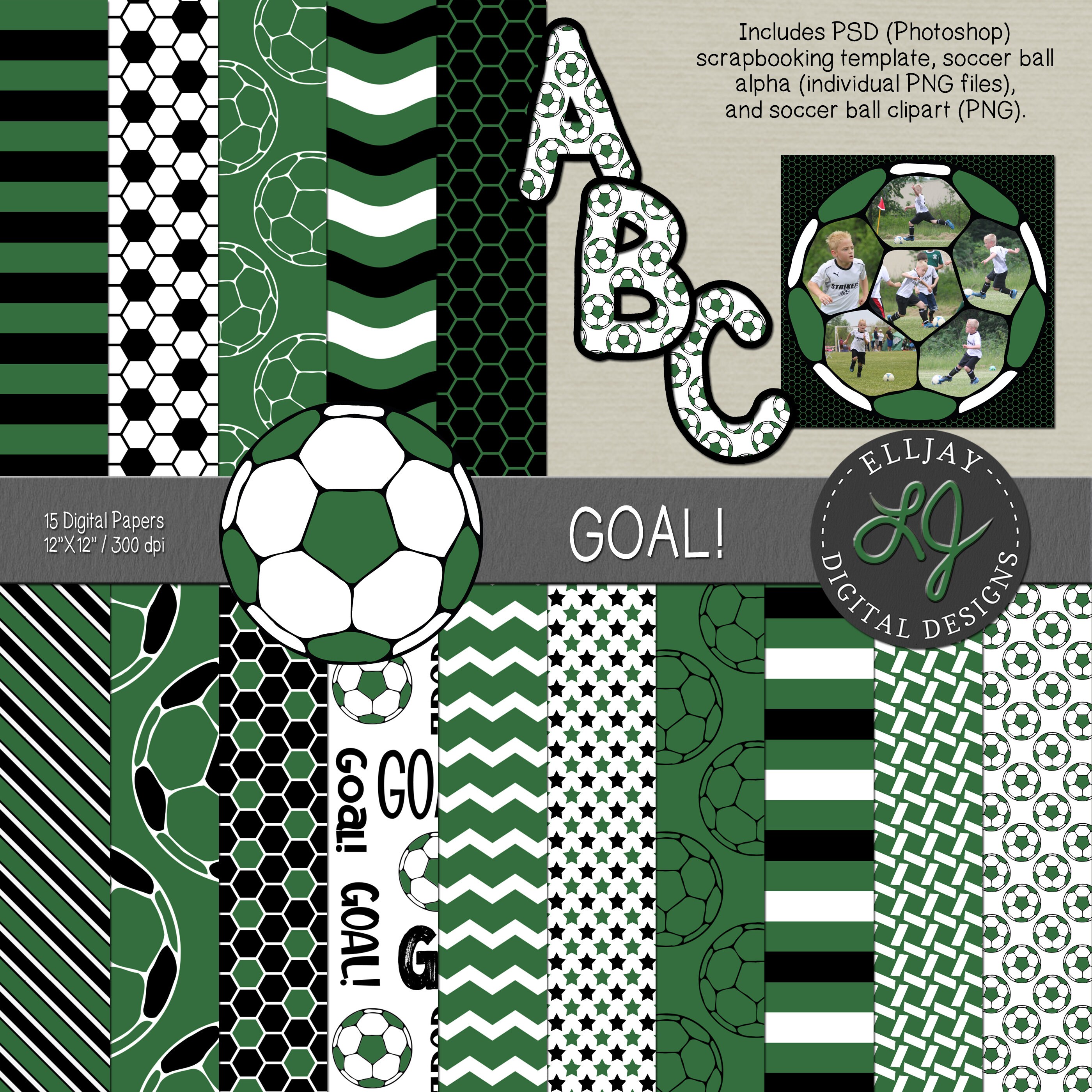 Green Soccer Digital Scrapbook Kit. Green Soccer Ball Alpha. Soccer ...