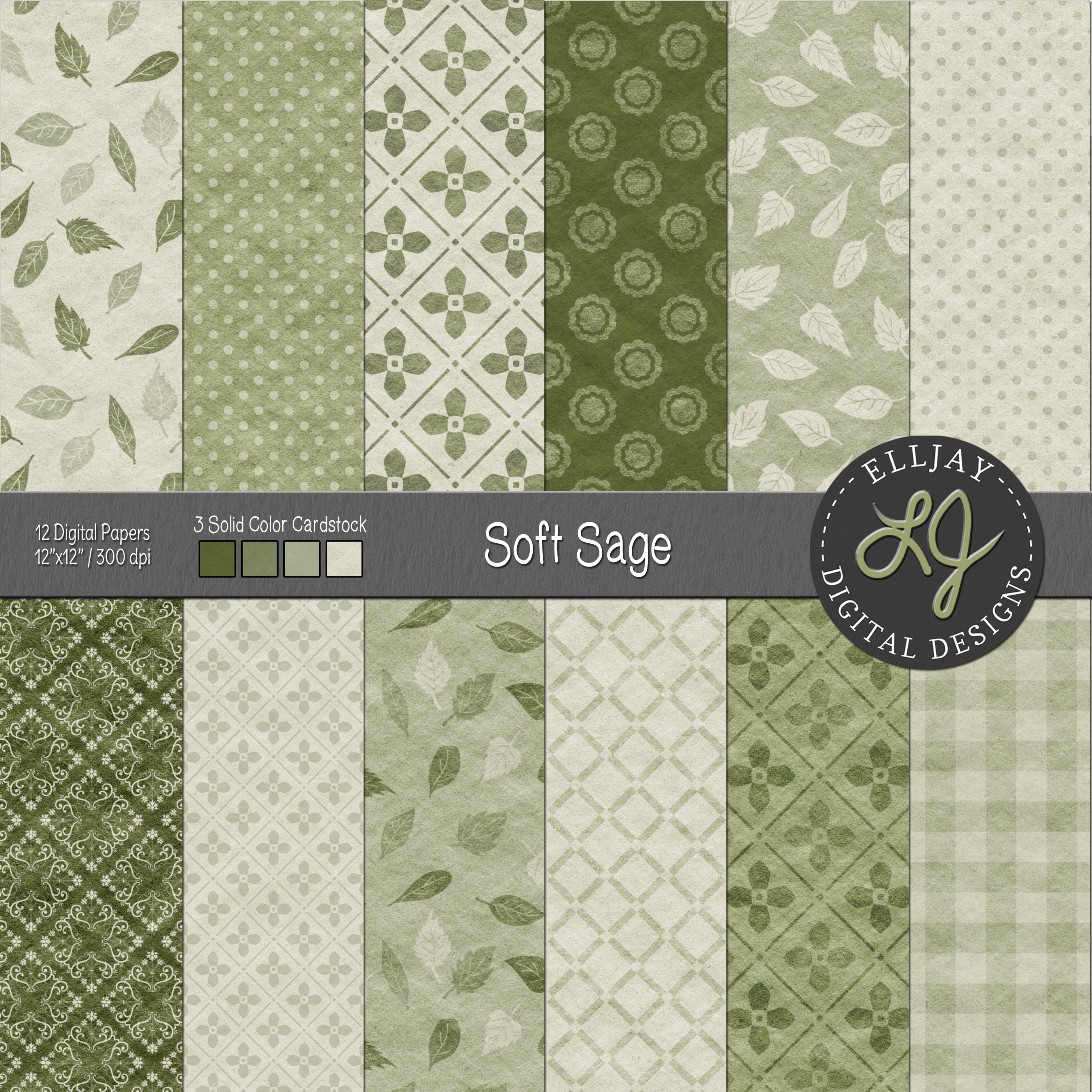 Sage Green Digital Paper Pack: Floral, Gingham, Leaves (digital ...