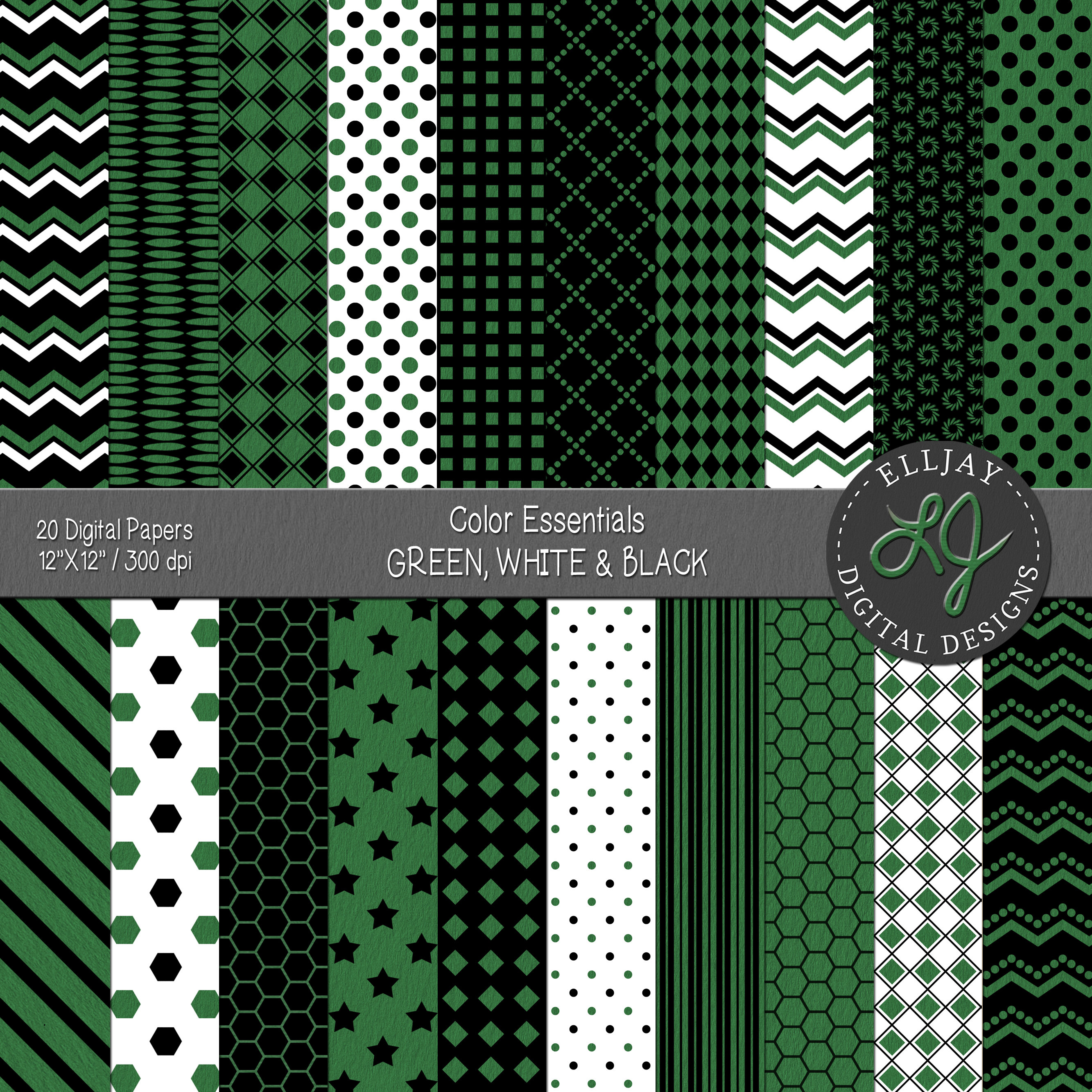 Black, White and Green Digital Paper Pack. Patterns, Backgrounds, for ...