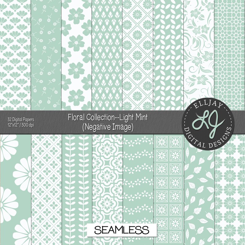 Mint Green Floral Digital Paper Pack. Seamless Mint Scrapbook. 32 Green ...
