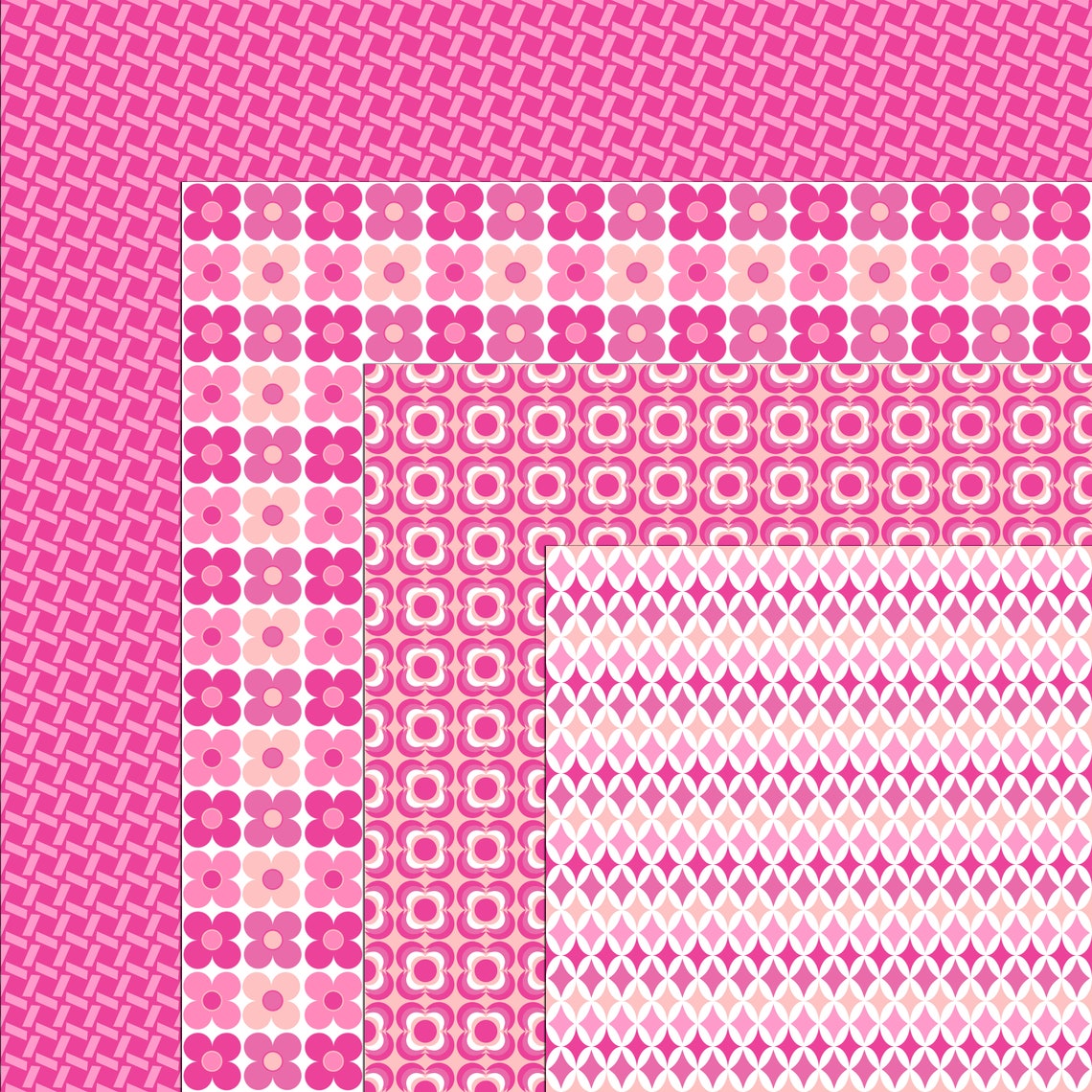 Pink Retro Digital Paper Pack. Retro Patterns in Shades of Pink. Pink ...