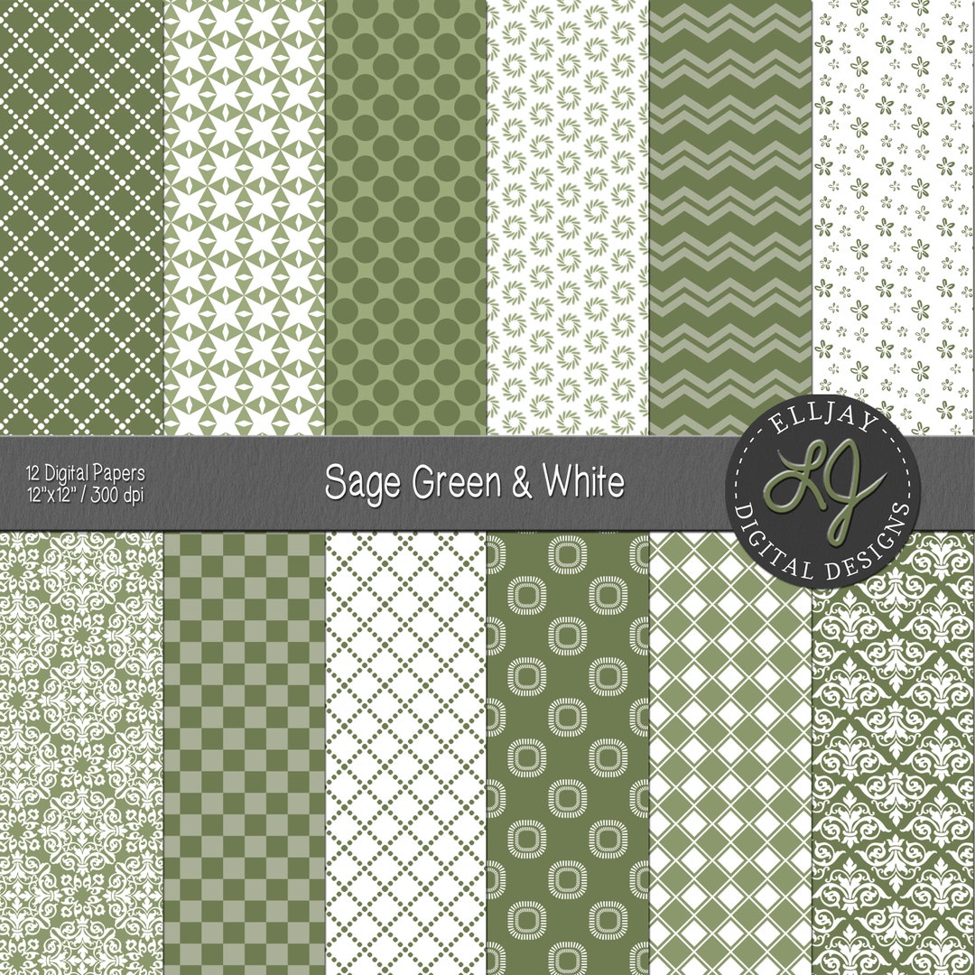 Sage Green & White Digital Paper Kit. Sage Green Printable Scrapbook ...