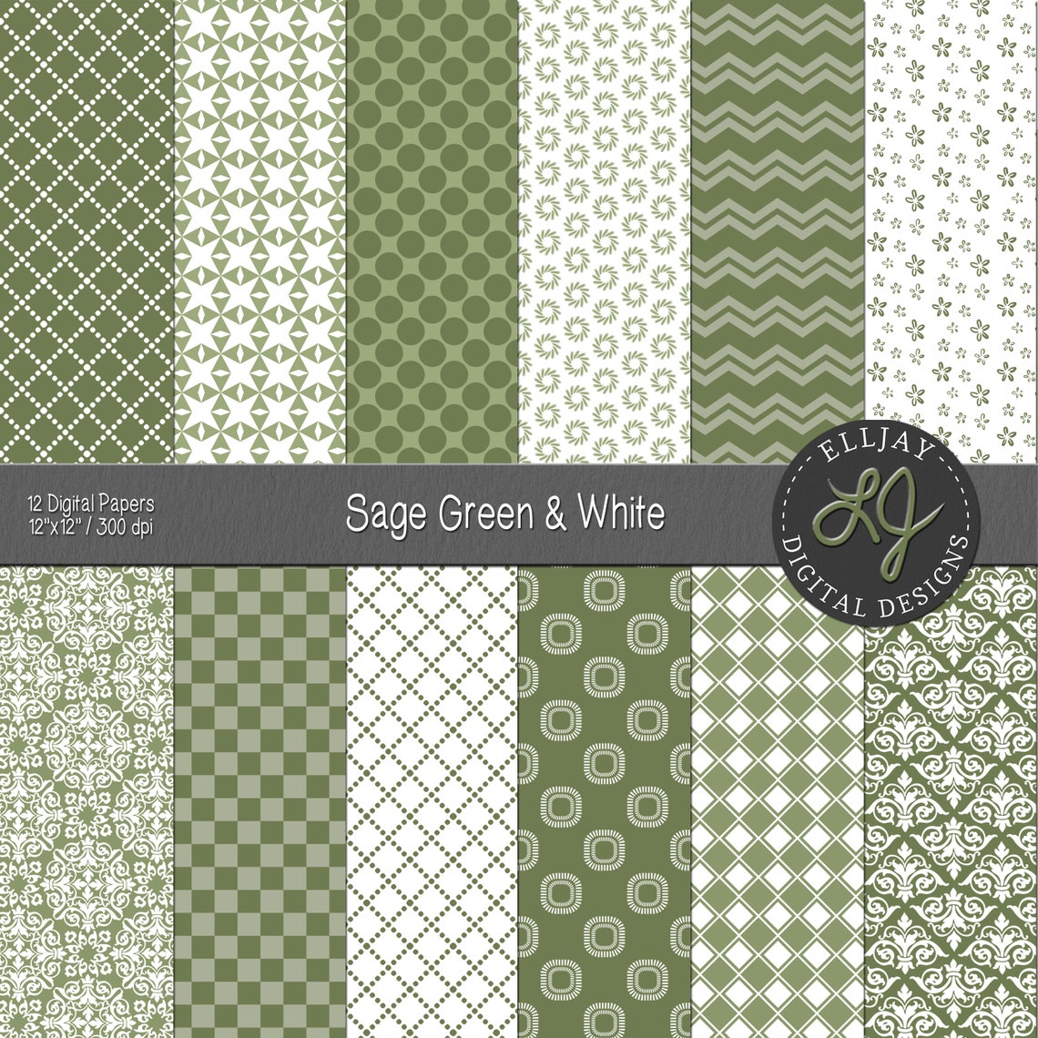 Sage Green & White Digital Paper Kit. Sage Green Printable Scrapbook ...