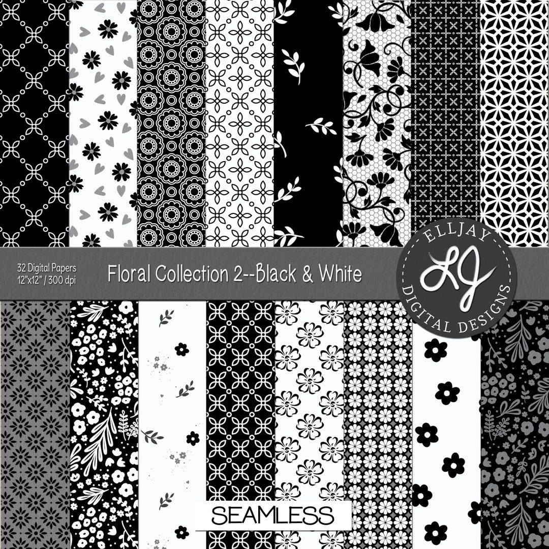 Black Floral Digital Paper Pack: Seamless Scrapbook Patterns (instant ...