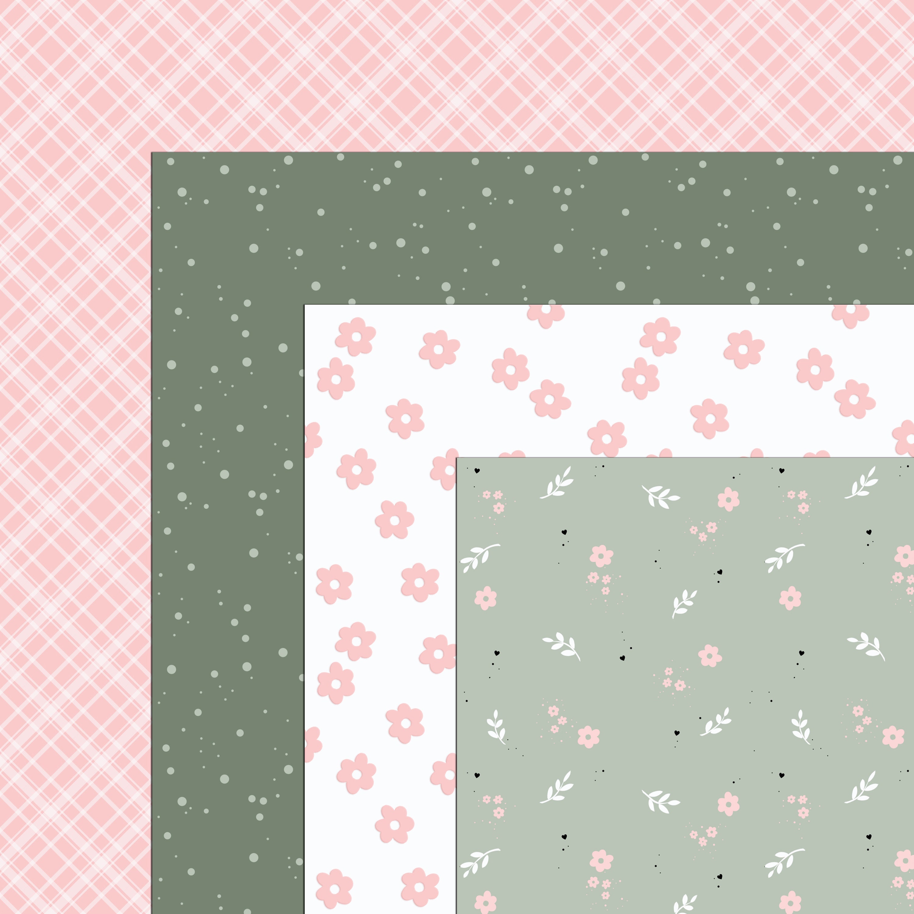 Pink & Sage Floral Digital Paper Pack: Scrapbook Patterns (12x12", 300 ...