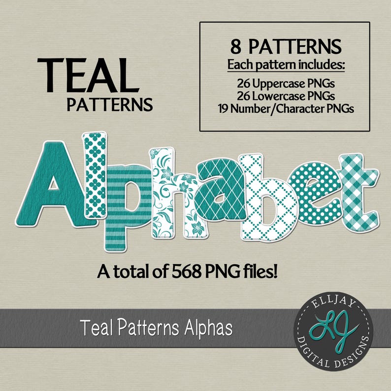 Teal Pattern Alphabet PNG Clipart: Scrapbook Graphics (digital Download ...