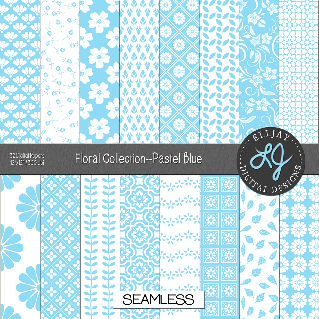 Pastel Blue Floral Digital Paper Pack. 32 Light Blue Pattern. Pastel ...