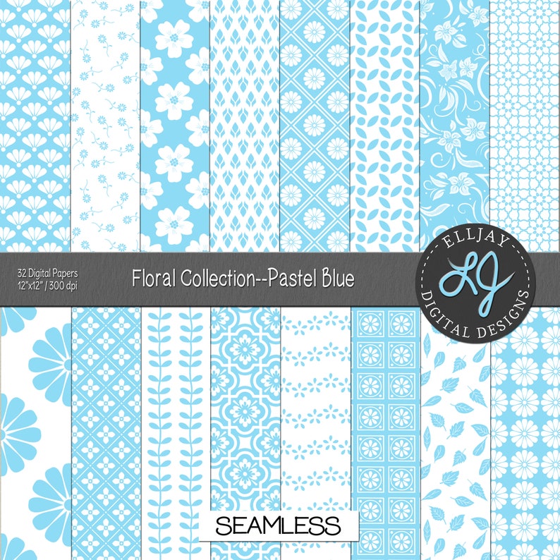 Pastel Blue Floral Digital Paper Pack: Seamless Scrapbook Patterns ...